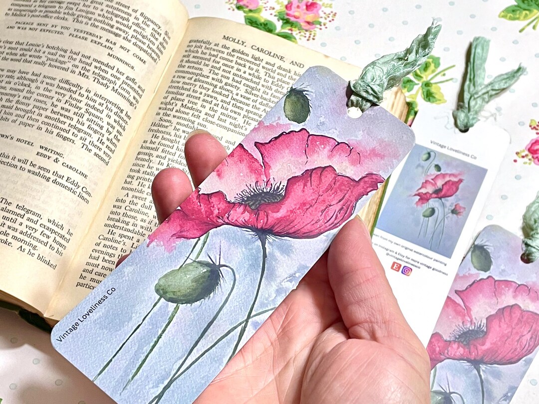 Hand-painted Poppy Bookmark: Floral Watercolor With Silk Ribbon - Etsy