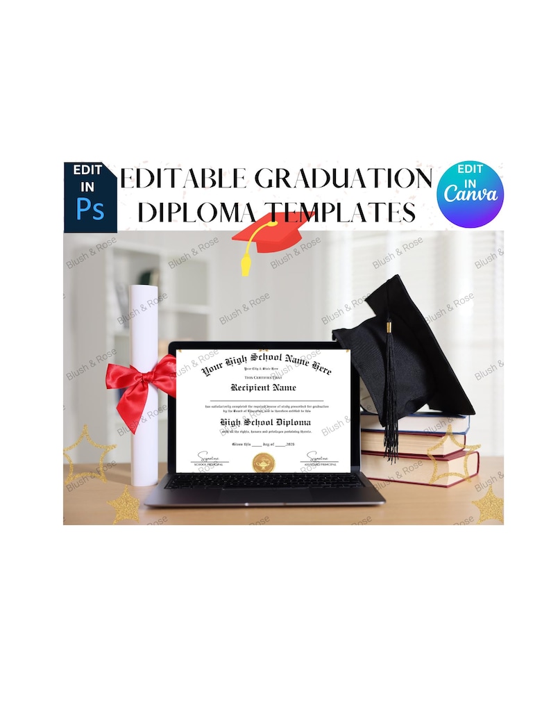 Editable High School Diploma Template, Canva and Photoshop - Etsy