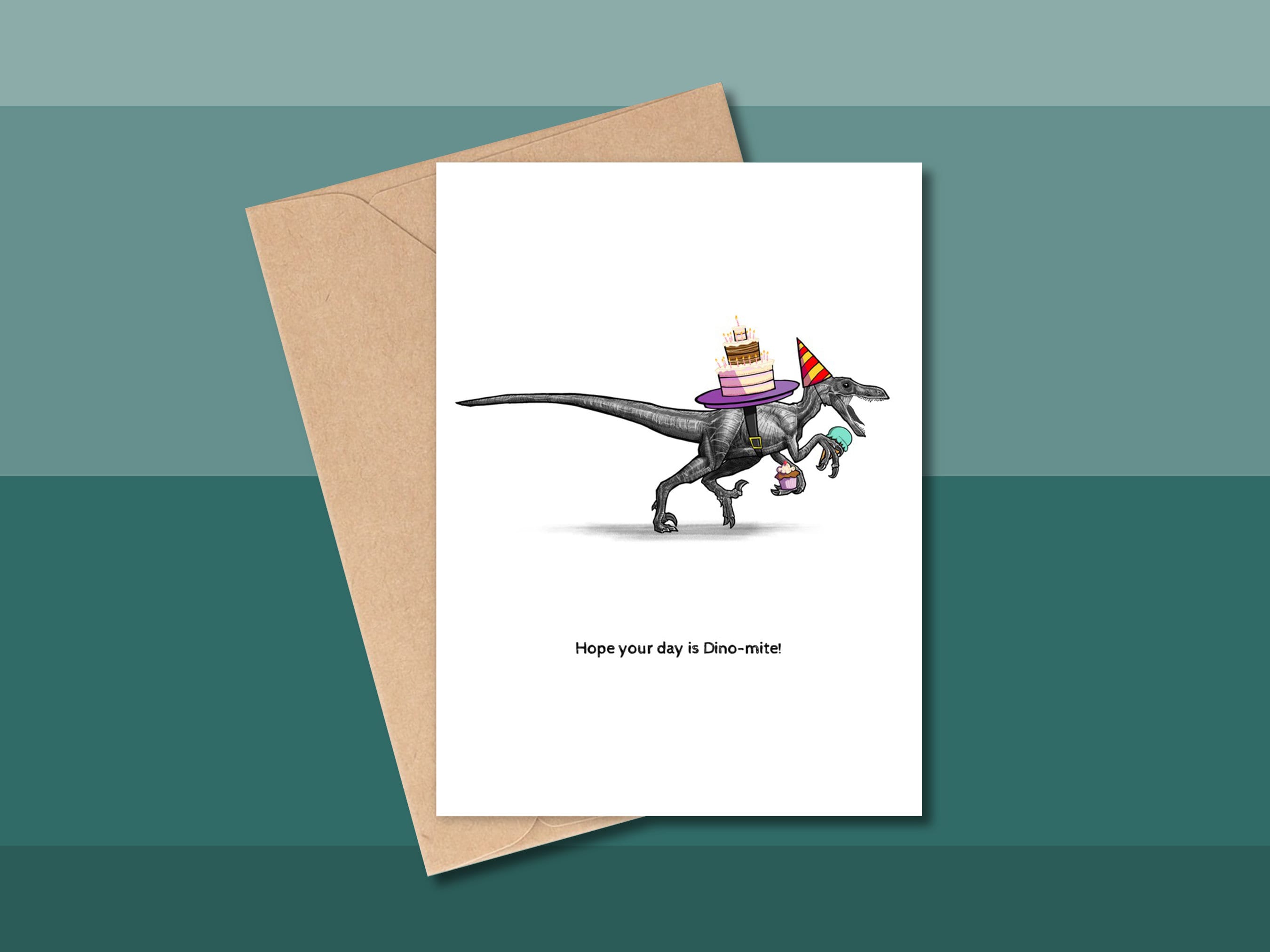 DINO-MITE BIRTHDAY Card, Dinosaur Birthday Card, Velociraptor Birthday ...