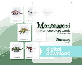 Dinosaur Flash Cards, Montessori Three Part Cards,realistic Watercolor ...