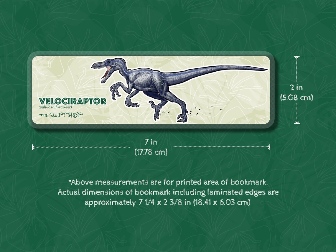 VELOCIRAPTOR DINOSAUR BOOKMARK, Dinosaur Gifts, Bookmarks for Kids ...