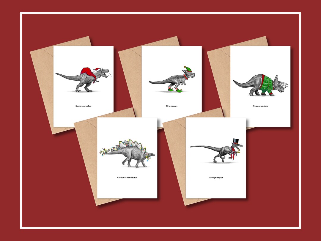 DINOSAUR CHRISTMAS CARD Set, Holiday Greeting Cards Set, Dinosaur ...