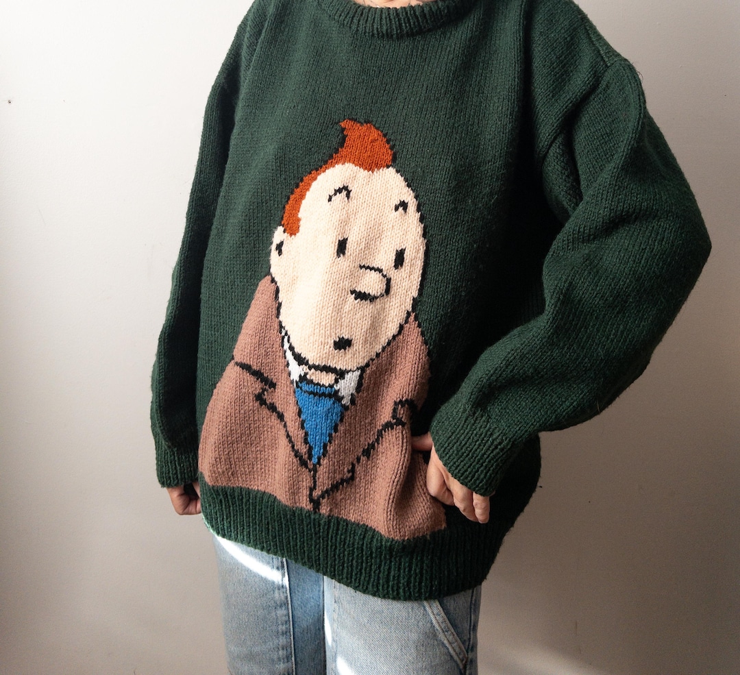 Tintin Knit Sweater, Vintage Hand Knit Tintin Pullover Sweater, Comic ...