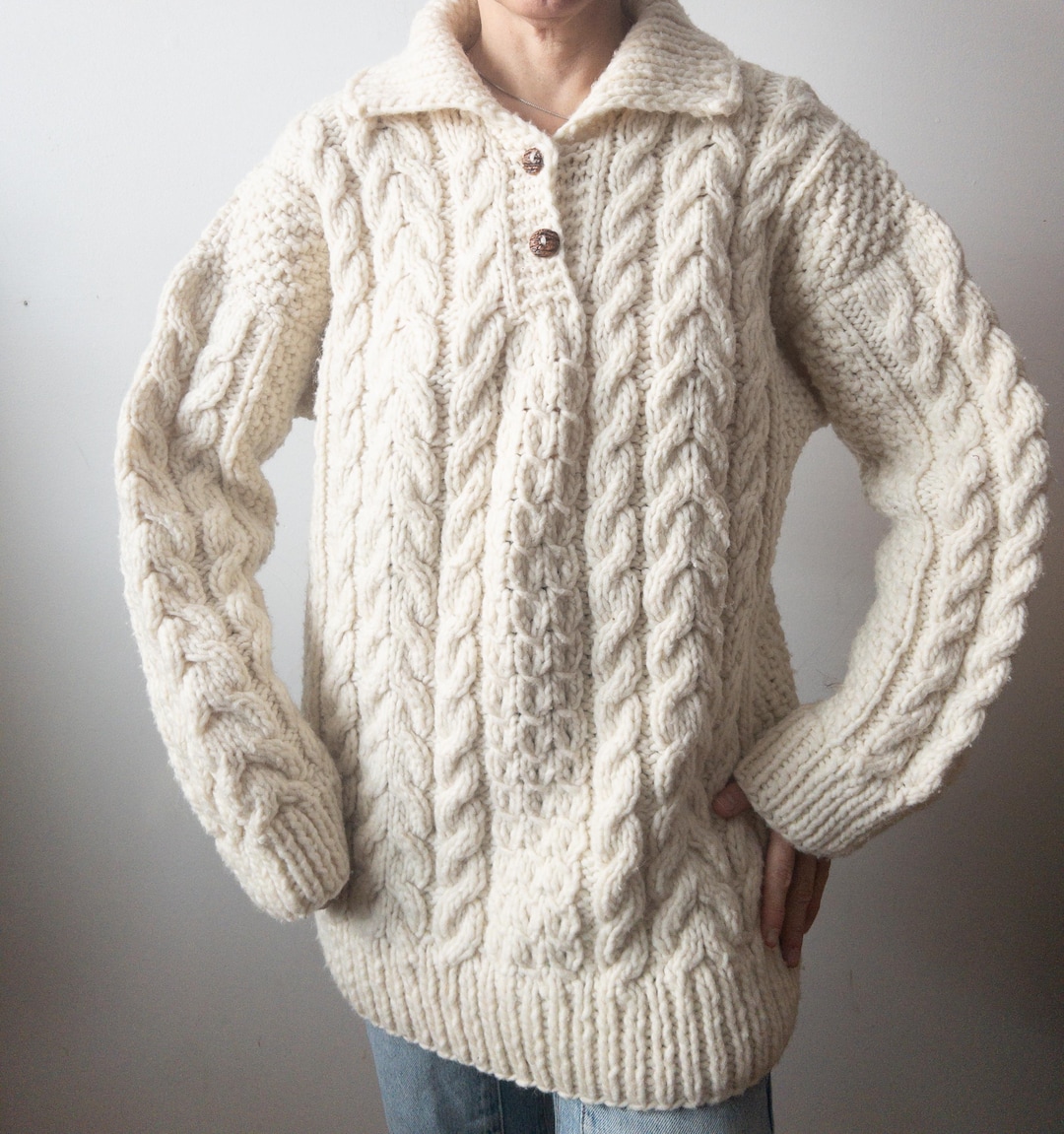 Ivory Cable Knit Wool Sweater, Vintage Chunky Knit Pullover, Cream Hand ...