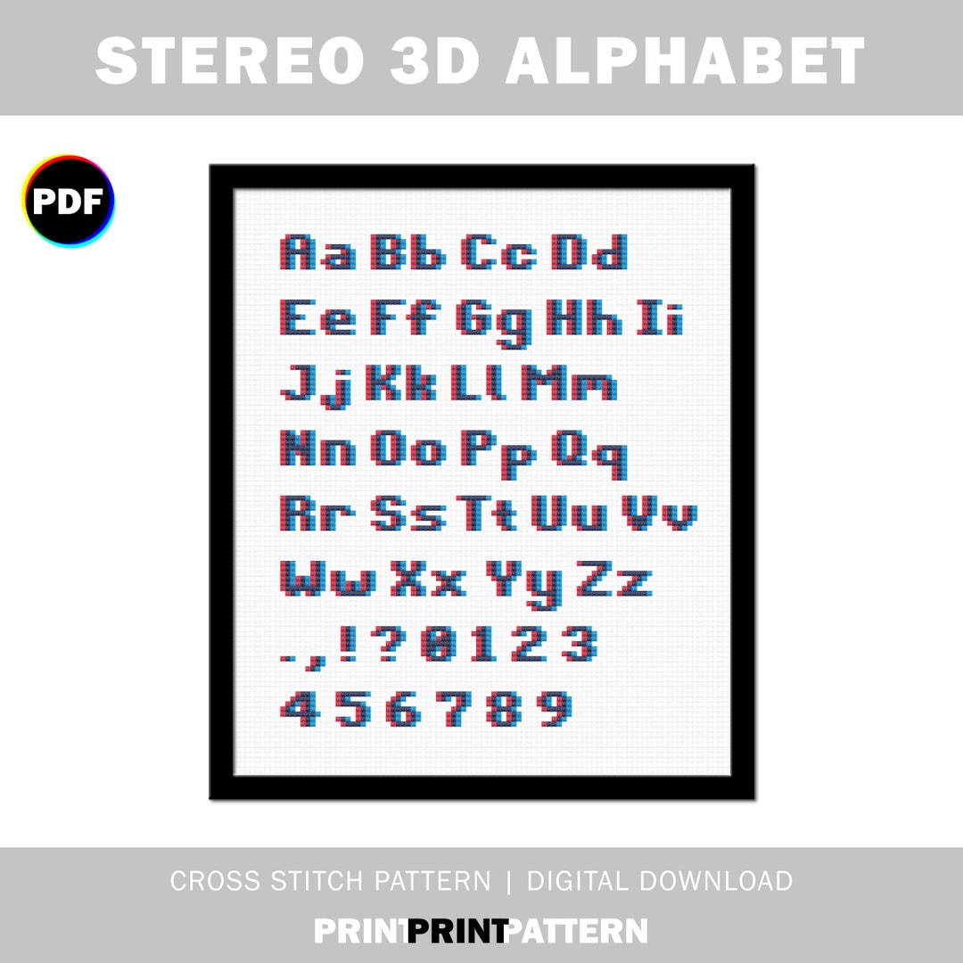 Stereo 3D Alphabet Cross Stitch Pattern - a Red and Blue Stereoscopic ...