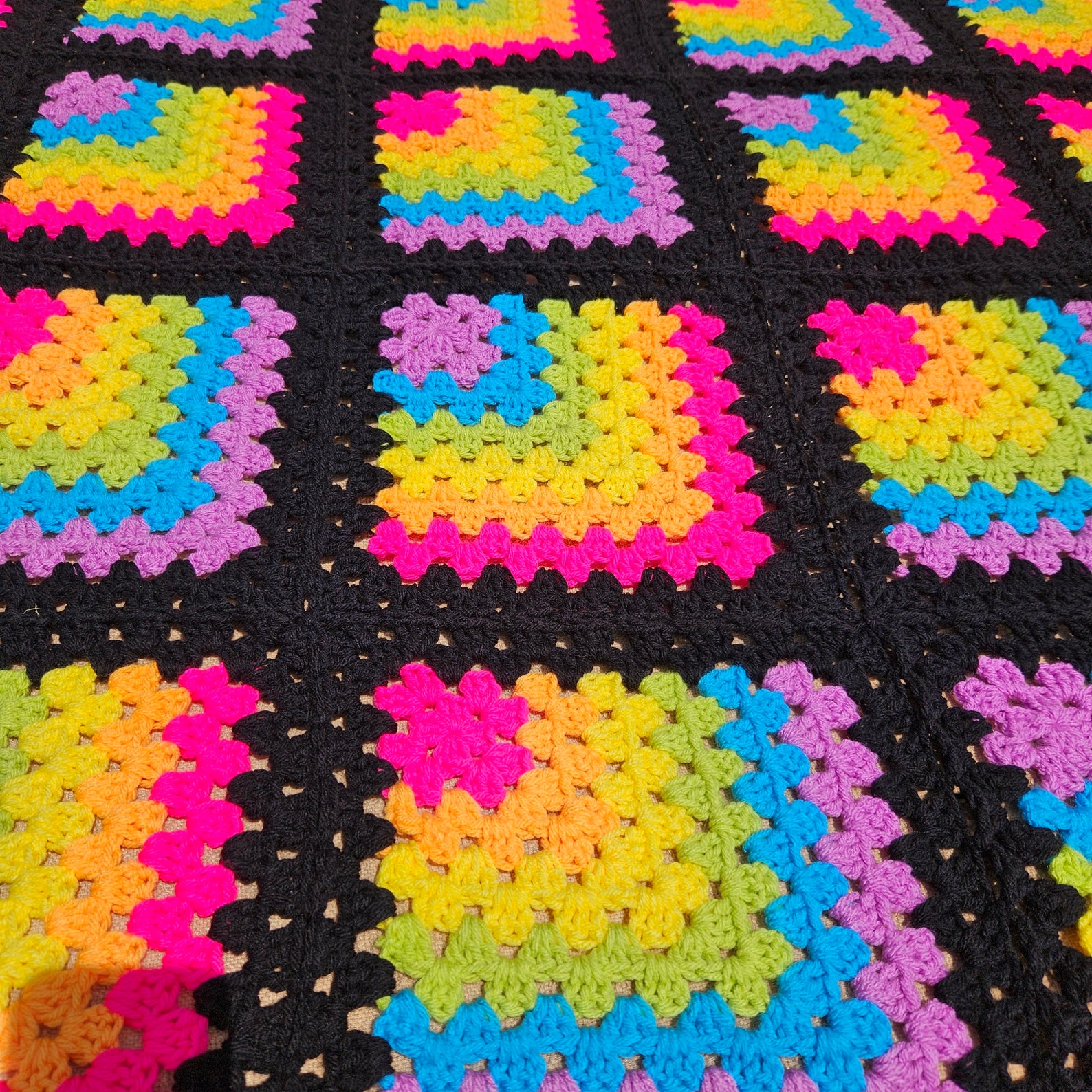 Neon Rainbow Granny Square Blanket Bright Neon Rainbow Blanket Handmade ...