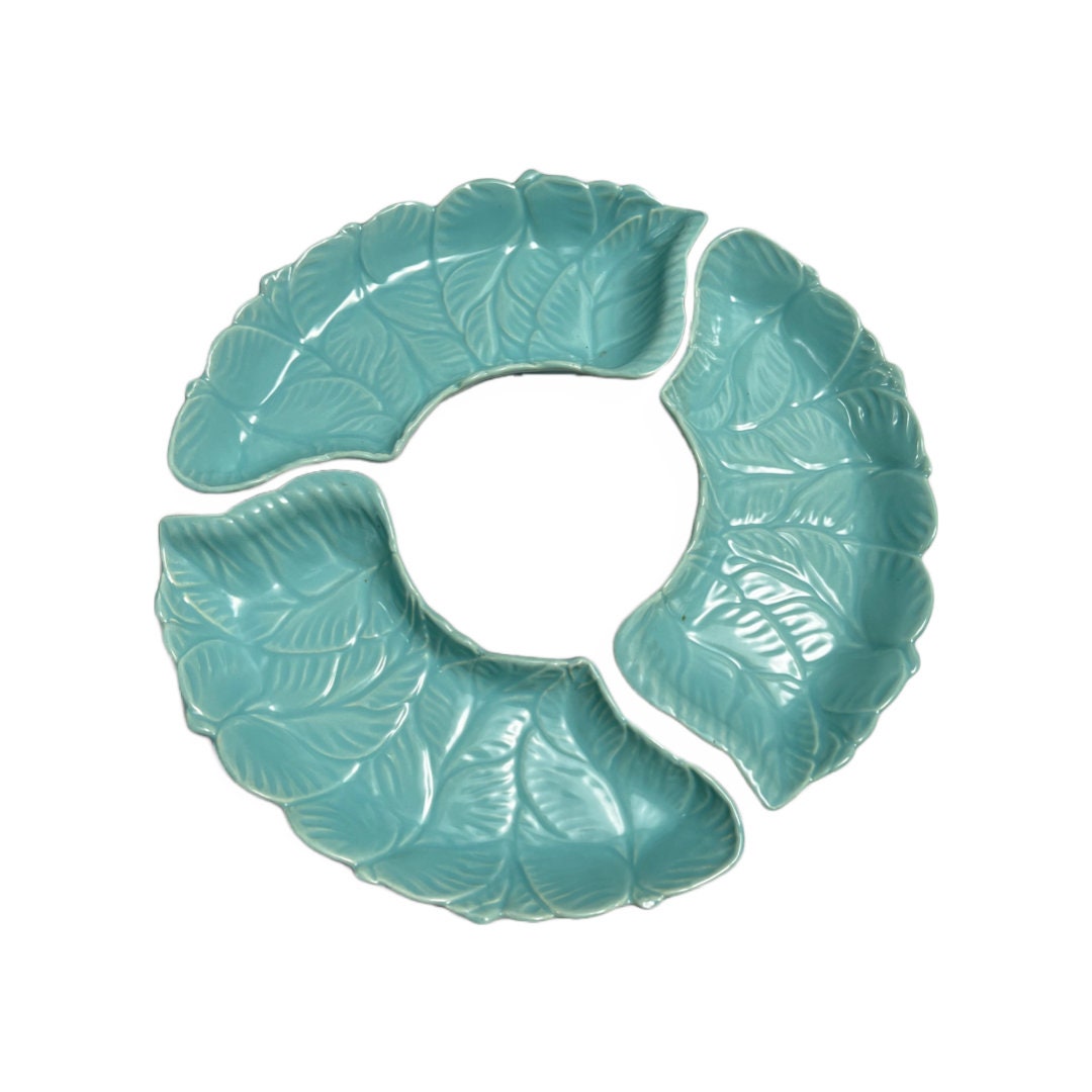 Vintage Light Blue Leaf Pattern Pottery Plates | Midcentury Appetizer ...