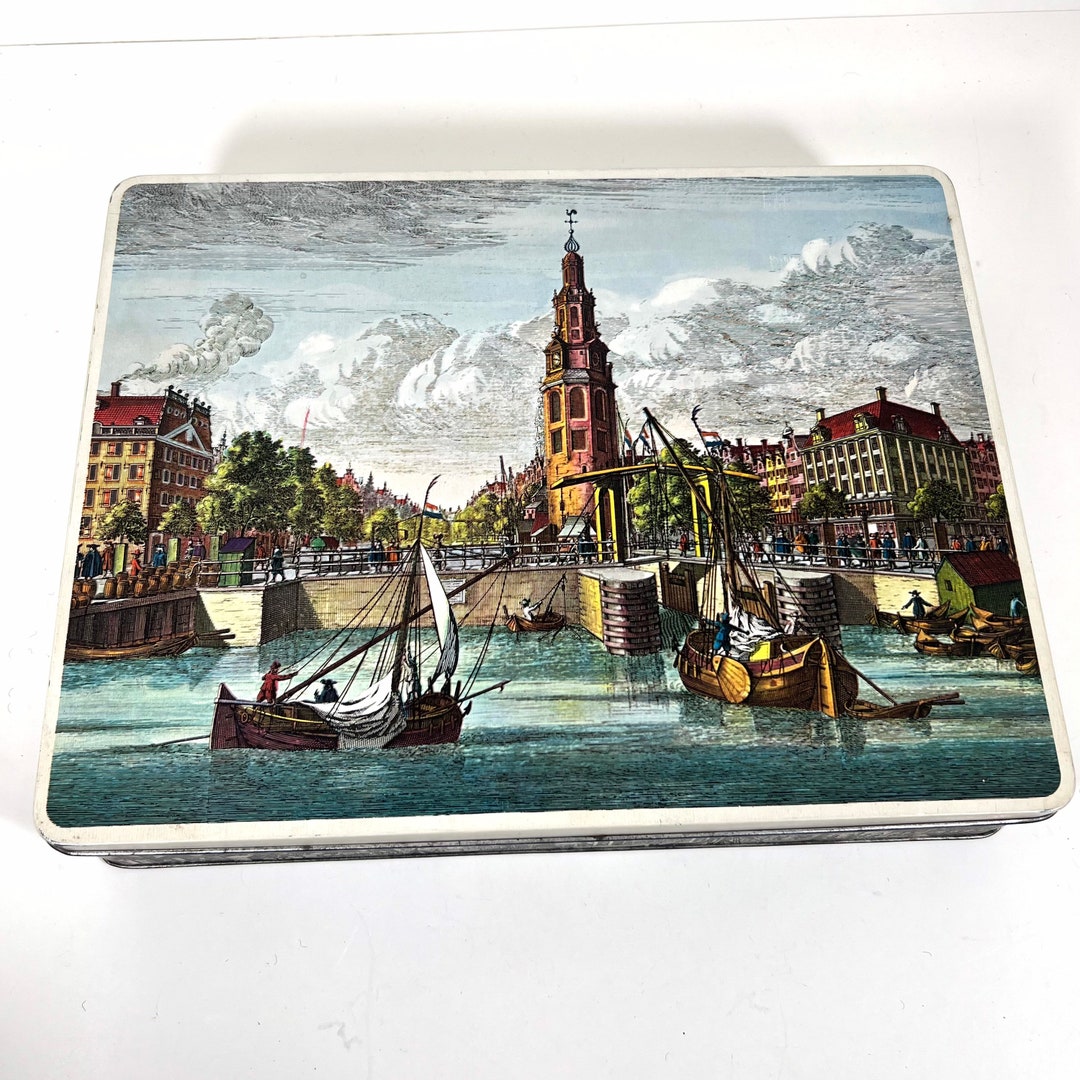 Vintage Dutch Harbor Scene Lithograph Metal Candy or Biscuit Box by ...