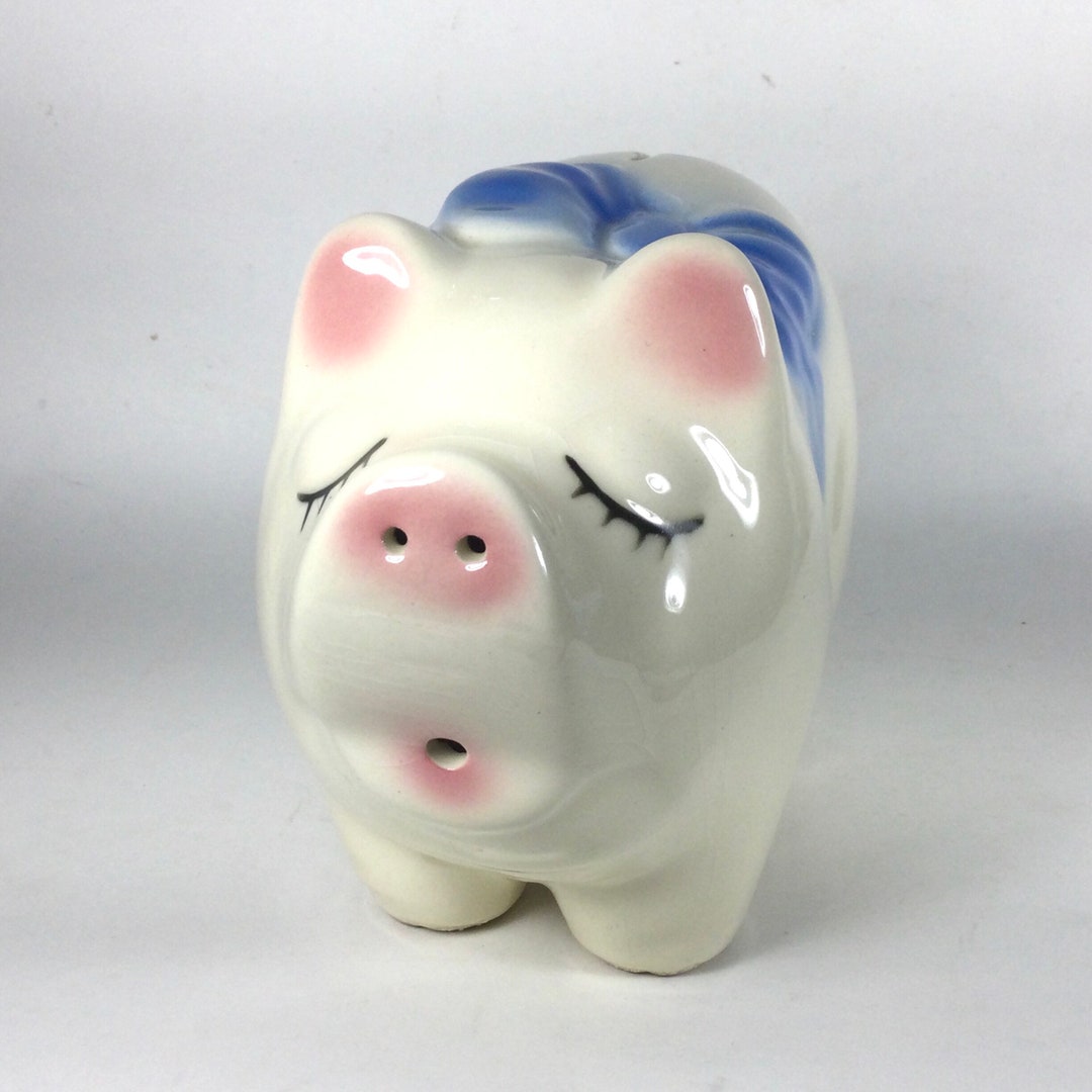 Vintage Ceramic Piggy Bank With Blue Bow | Vintage Baby Shower, Nursery ...