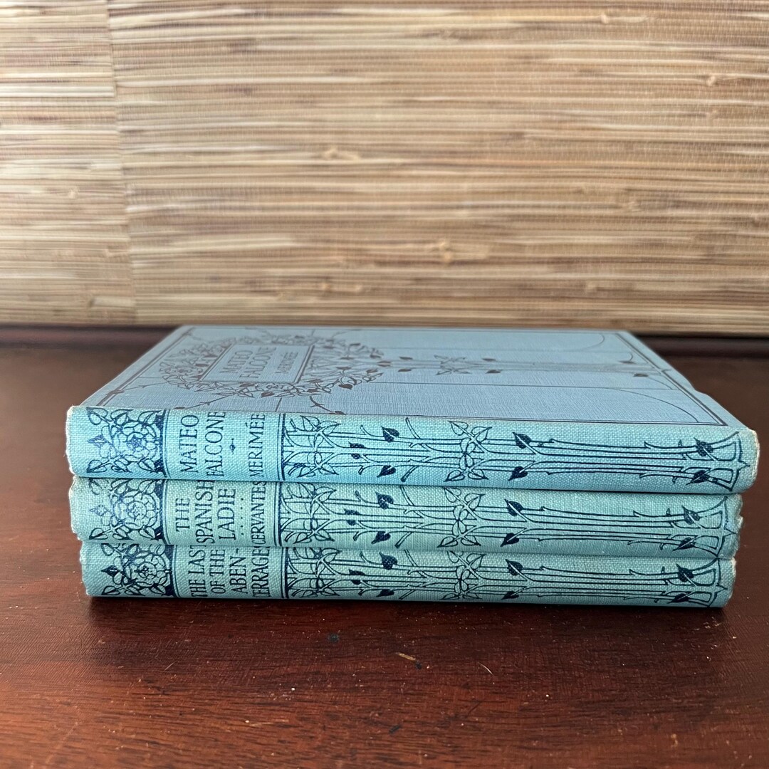 Small Stack of Light Blue Books With Ornate Art Nouveau Botanical ...