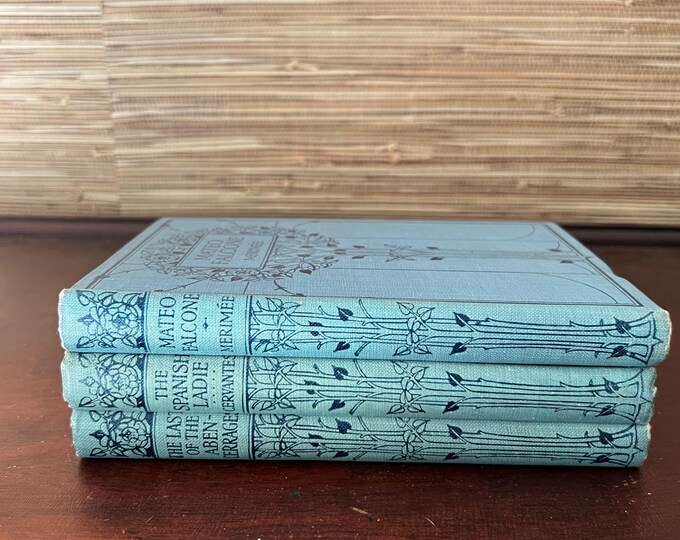 Small Stack of Light Blue Books With Ornate Art Nouveau Botanical ...