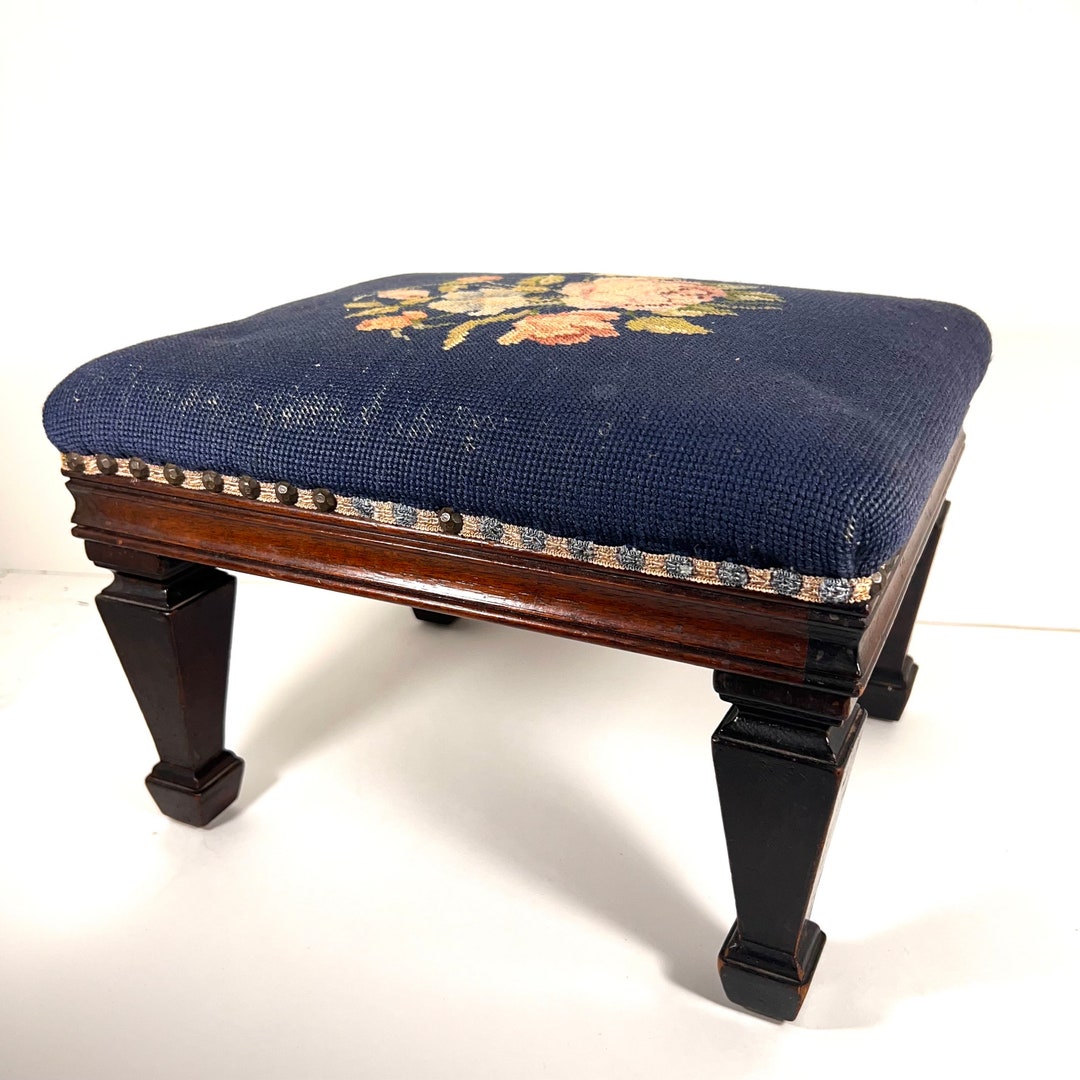 Vintage Needlepoint Footstool With Carved Wood Legs Dark - Etsy