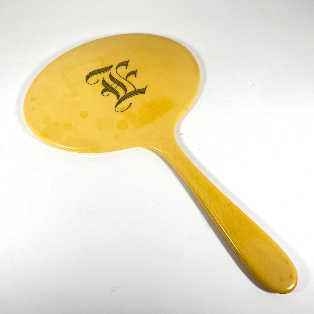 Vintage Large Yellow Celluloid Hand Mirror With Monogram Art Deco ...