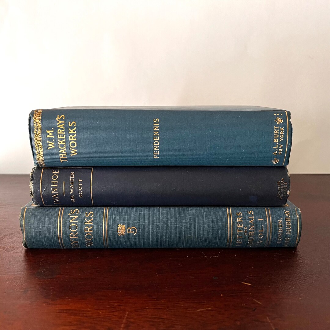 Stack of Peacock Blue, Navy, and Gold Antique Decorative Books Vintage ...