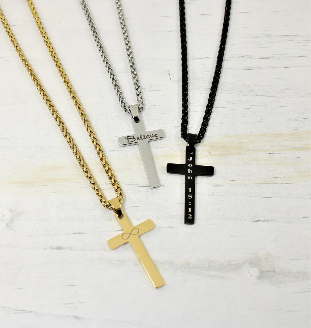 Custom Engraved Cross Necklace - Stainless Steel Wheat Chain ...
