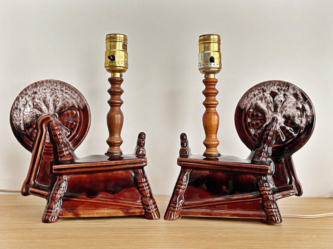 Vintage PAIR of LAMPS || Spinning Wheel Shape || Ceramic With Brown ...