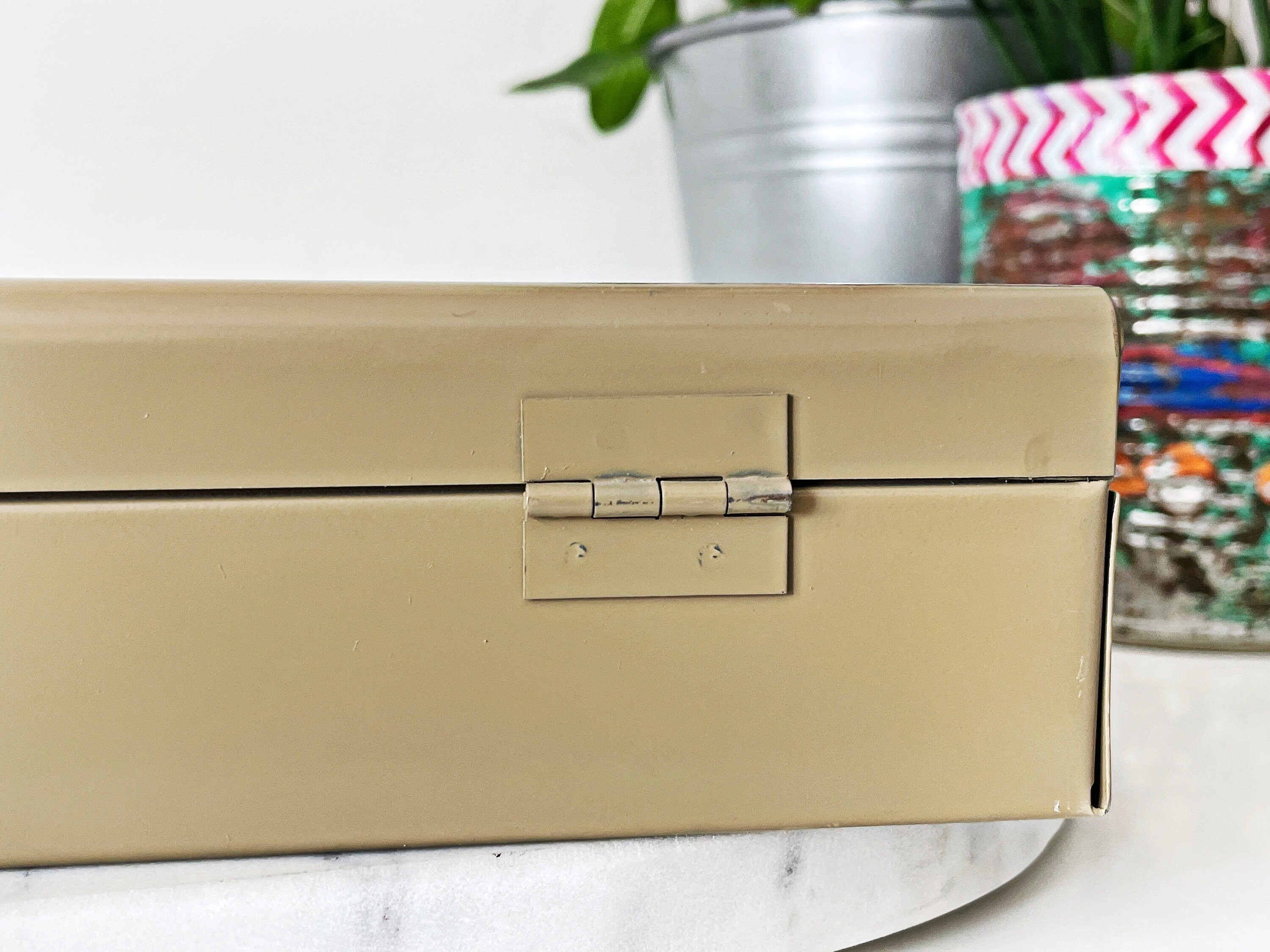 Vintage Metal Storage Box 14.5 X 7.5 X 2 Slide File Hinged With Handle ...