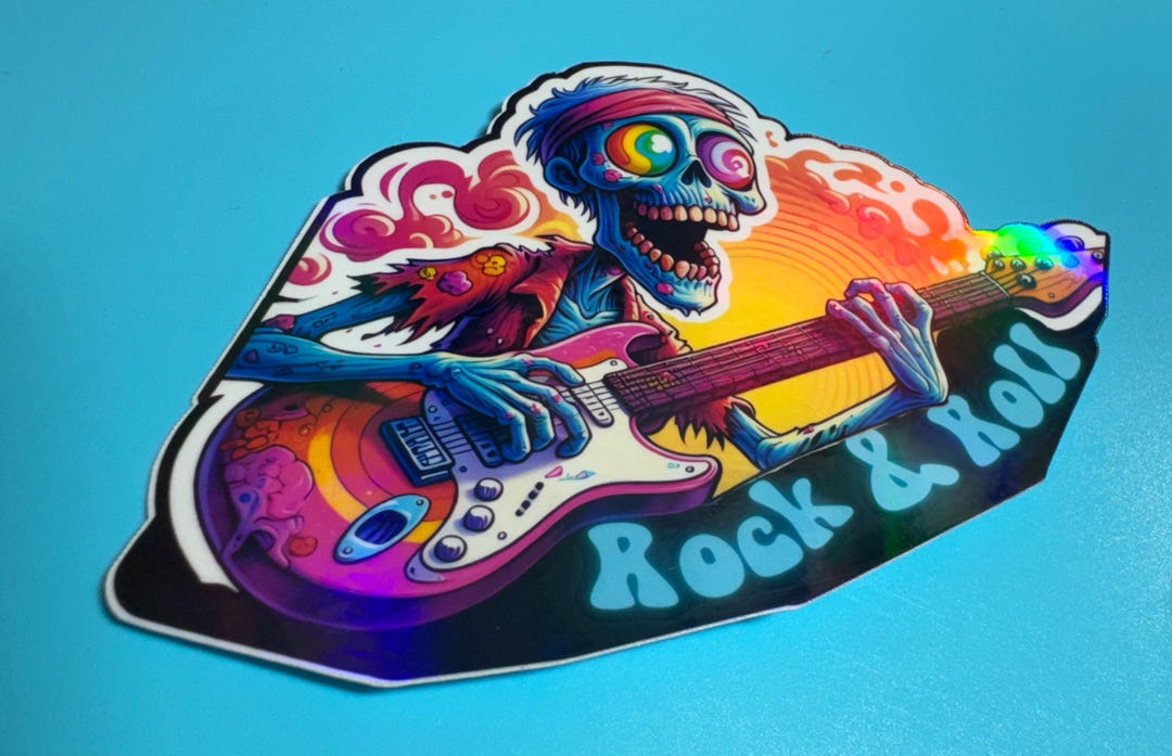 Rock & Roll Zombie Guitar Holographic Sticker, Rainbow/psychadelic ...