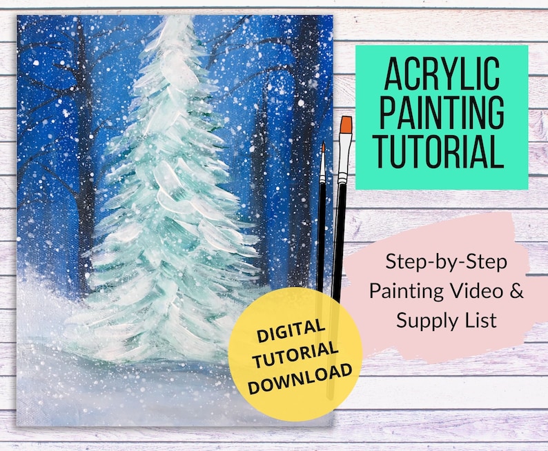 Snowy Christmas Tree Canvas Painting Tutorial, Instant Download, Learn ...