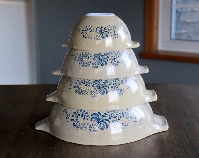 Vintage Pyrex Homestead Beige X Blue Mixing Cinderella Bowls Complete ...