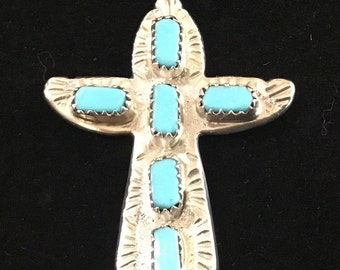Vintage Native American Zuni Turquoise Cross Pendant - Sterling Silver ...