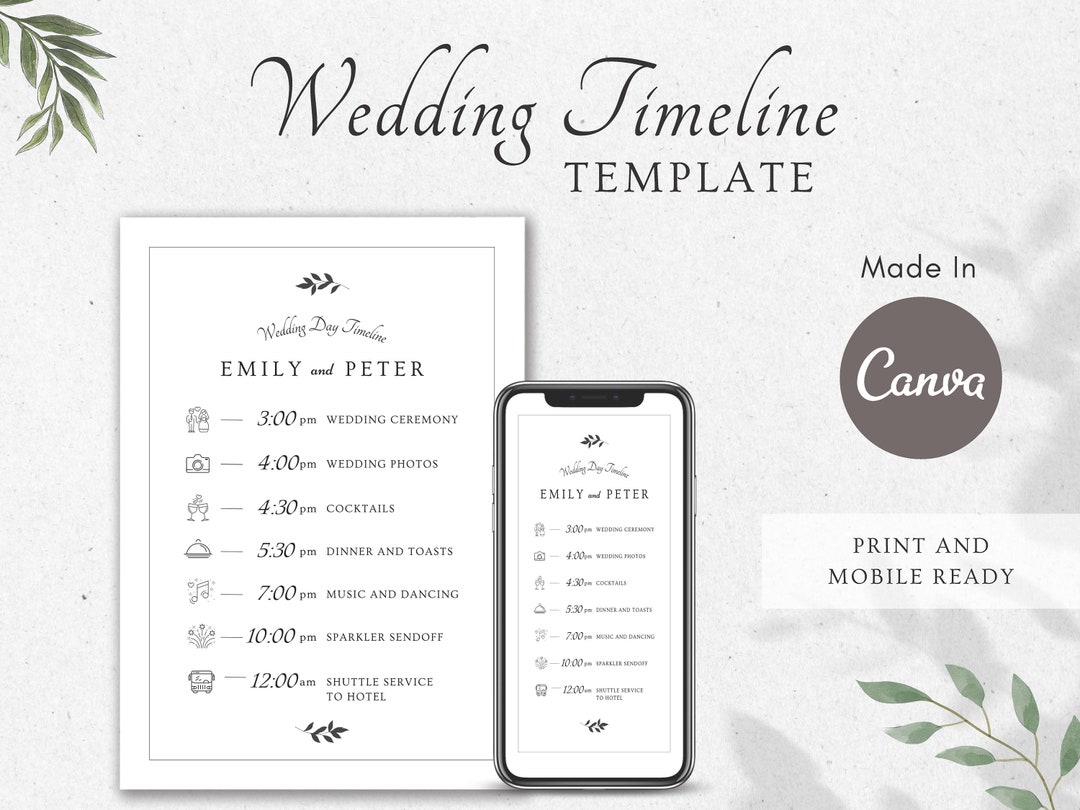 Minimalist Wedding Day Timeline Template Editable Reception Details