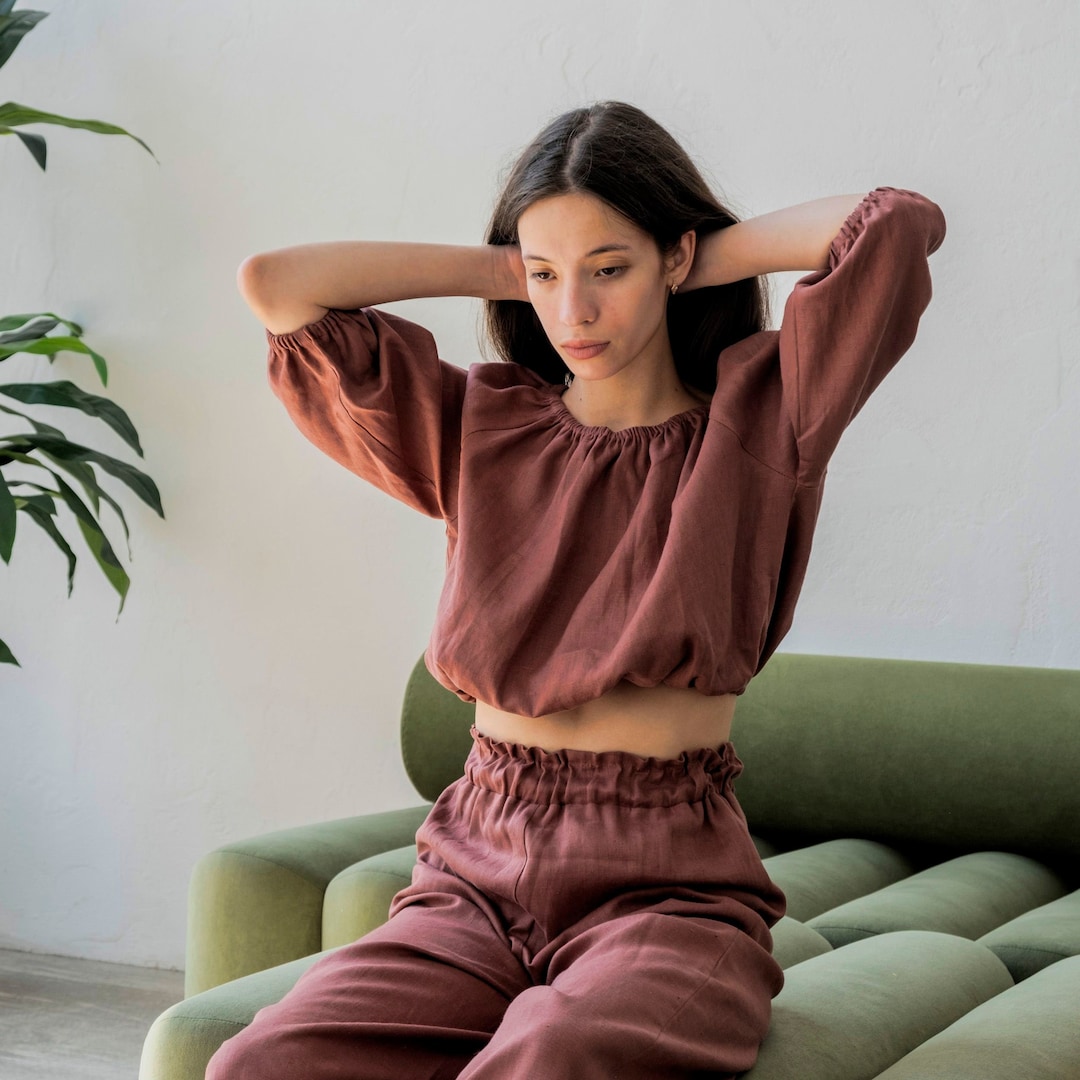 2 Piece Set Clothing for Women, Linen Crop Top, Linen Long Pants, Linen ...