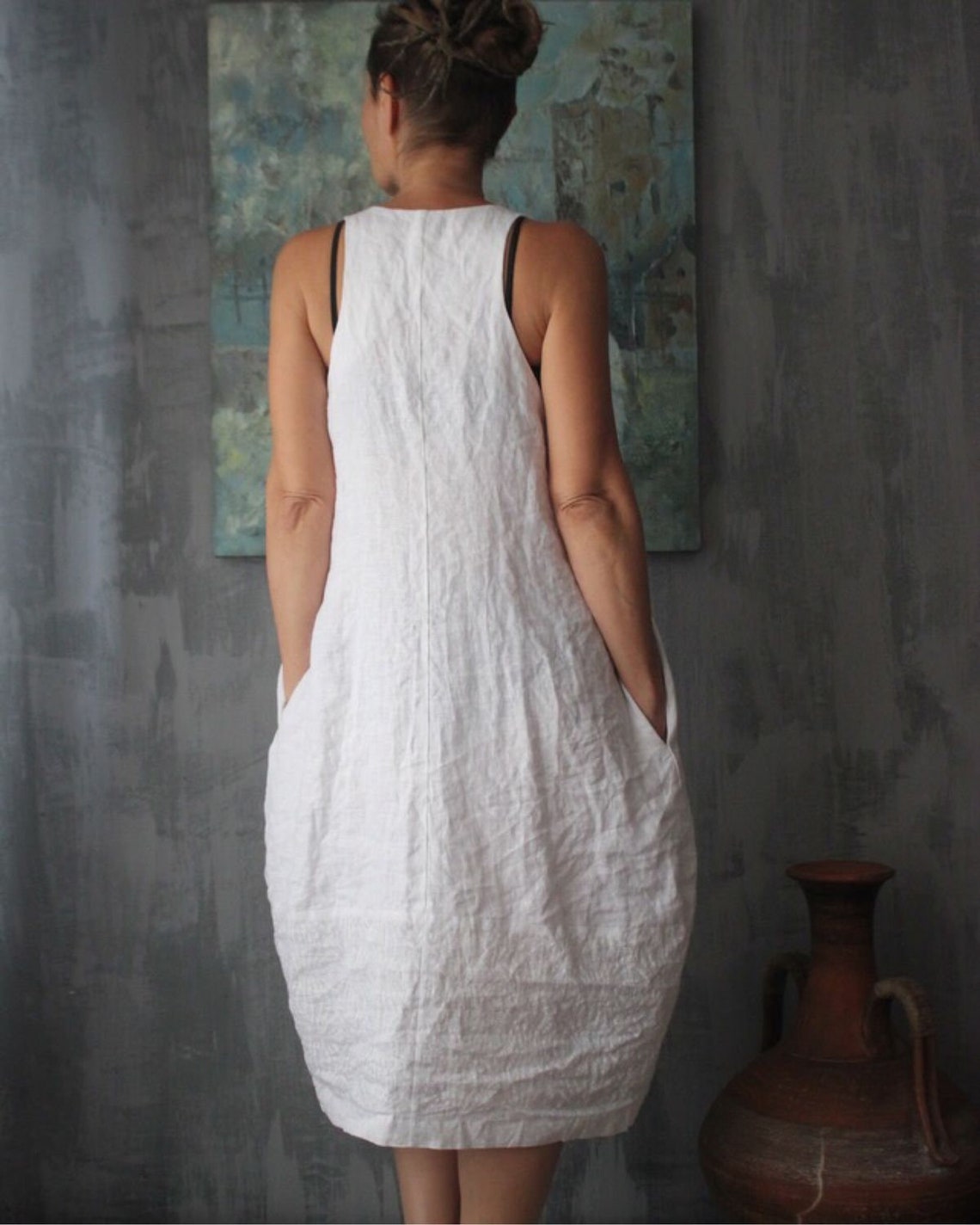 Linen Midi Dress With Strapswhite Linen Womens Dresslinen - Etsy