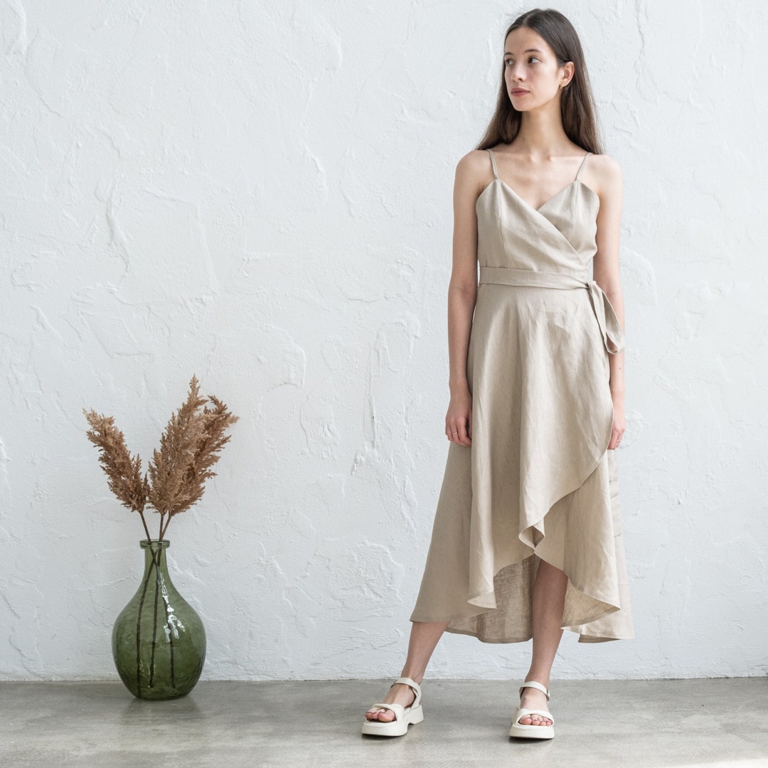 Beige Linen Dress, Wrap Linen Dress, Linen Spaghetti Strap Dress, Linen ...