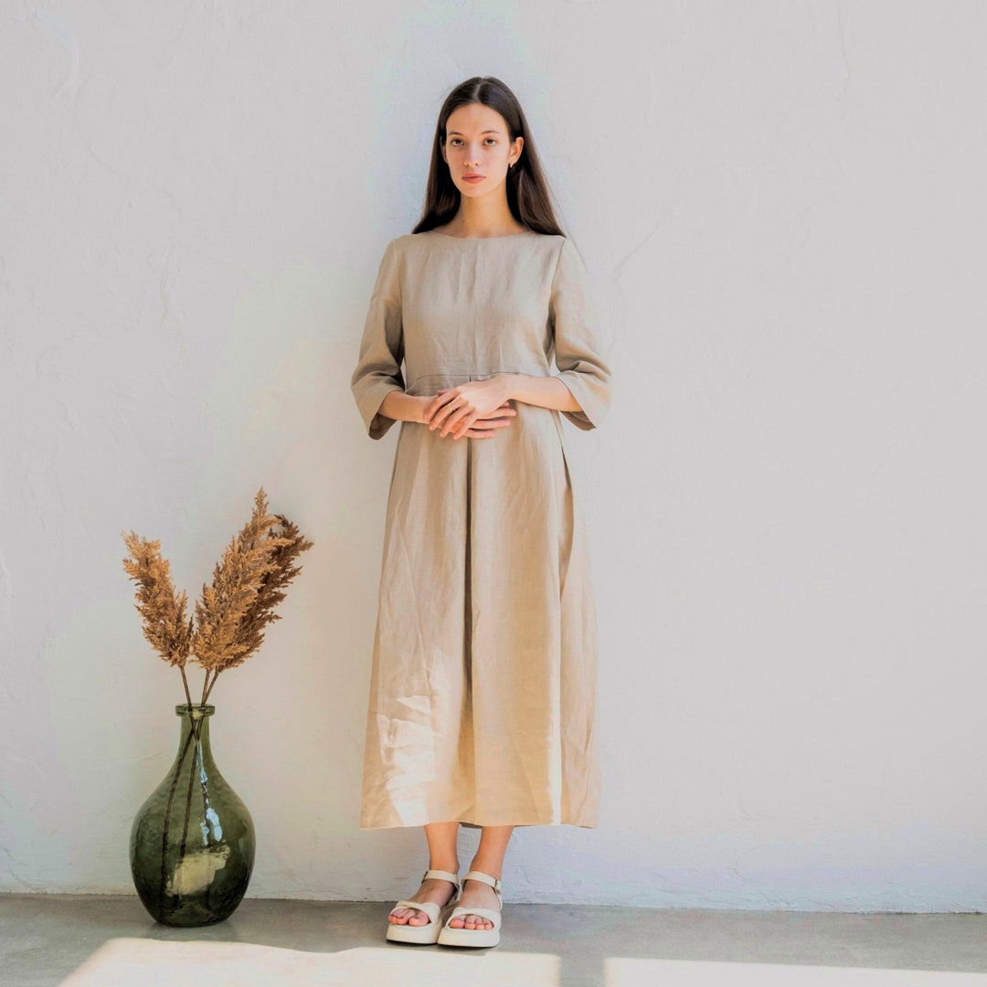 Beige Linen Dress, Linen Maxi Dress With Sleeves, High Waisted Dress ...