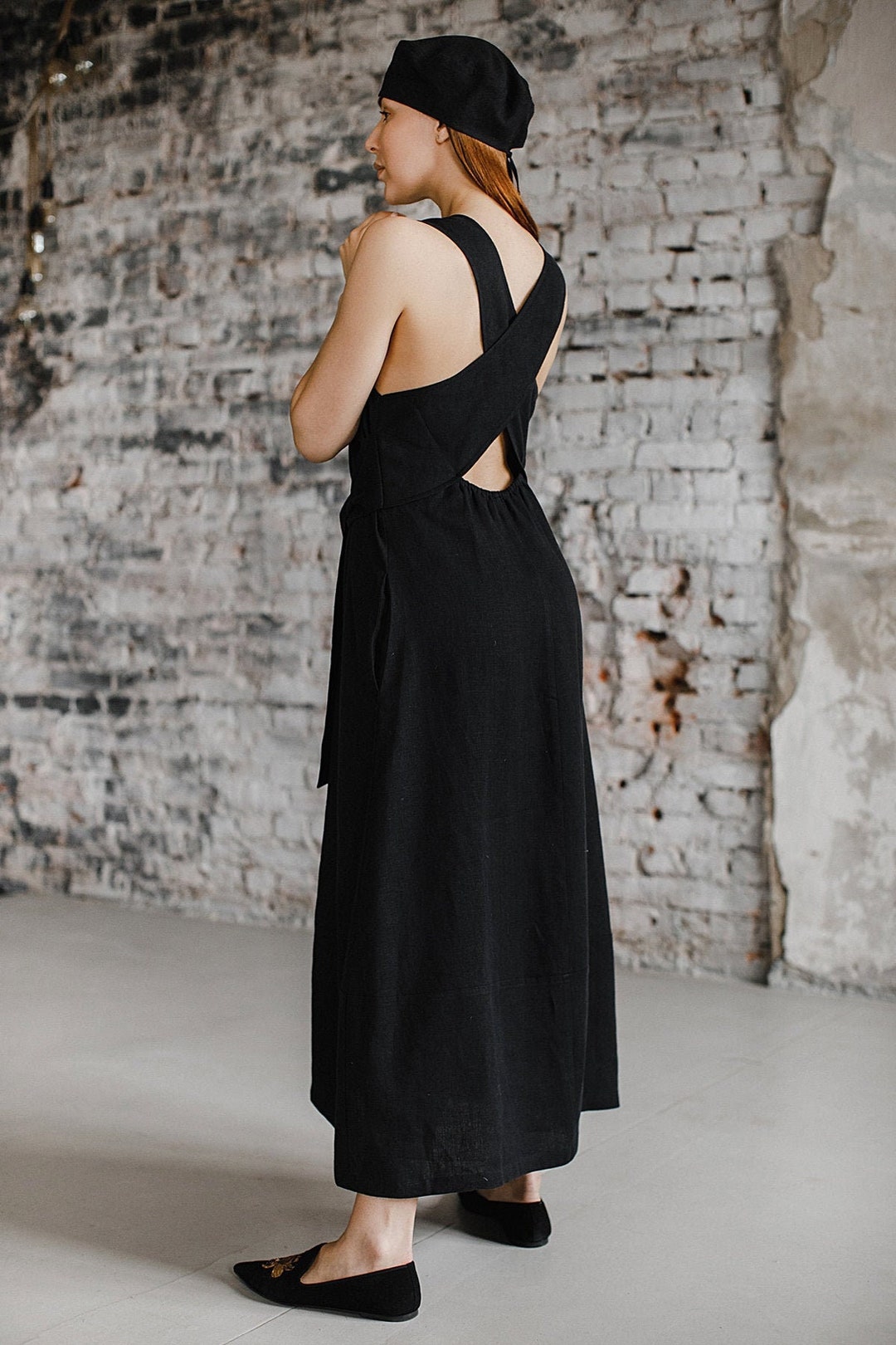 Cross Back Linen Dress, Linen Sundress Women, Linen Apron Dress, Linen ...