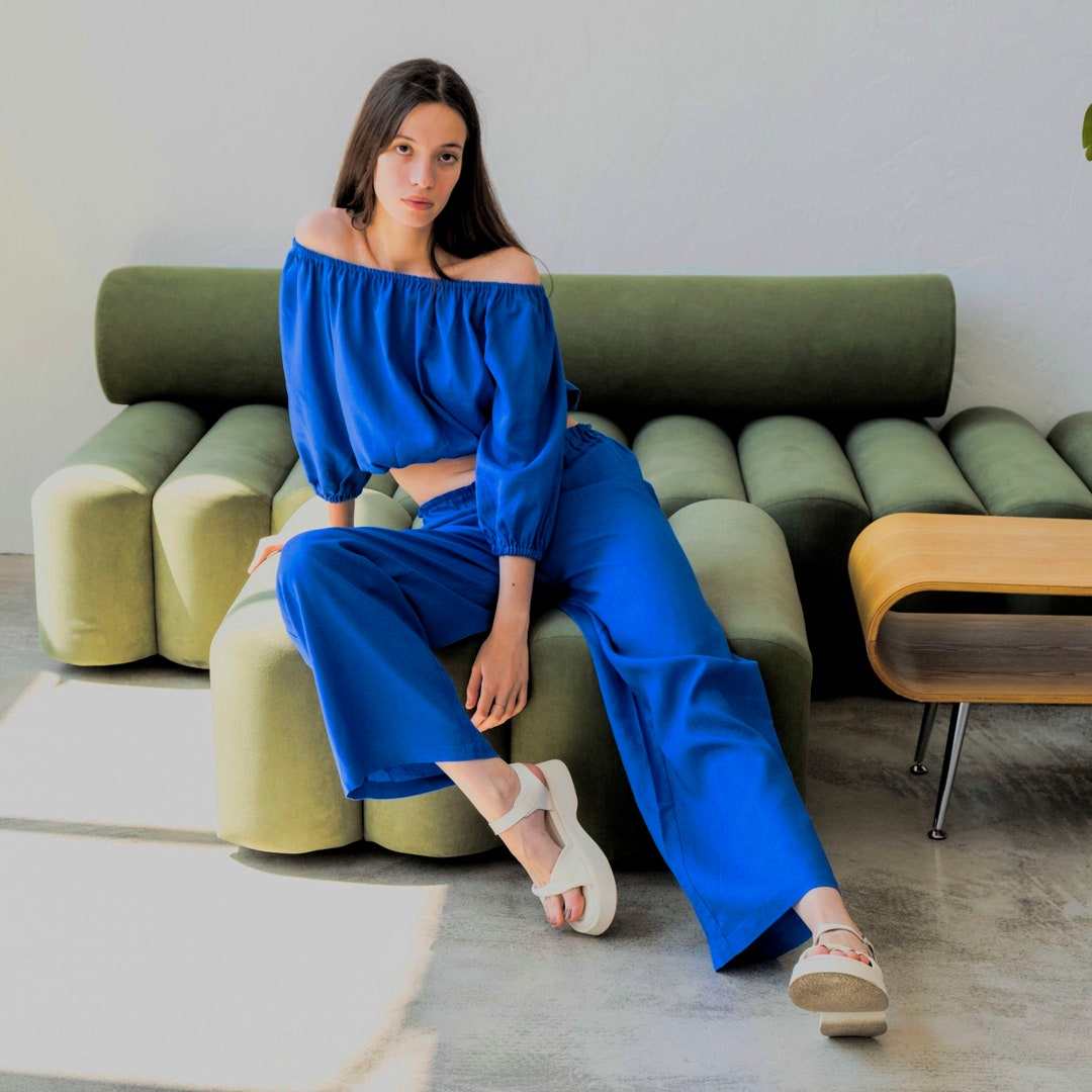 Linen Two Piece Set, Linen Crop Top, Linen Pants Set, Linen Blouse Half ...