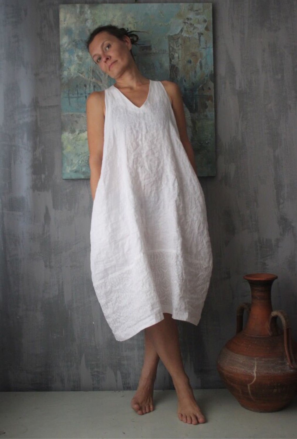 Linen Midi Dress With Strapswhite Linen Womens Dresslinen - Etsy