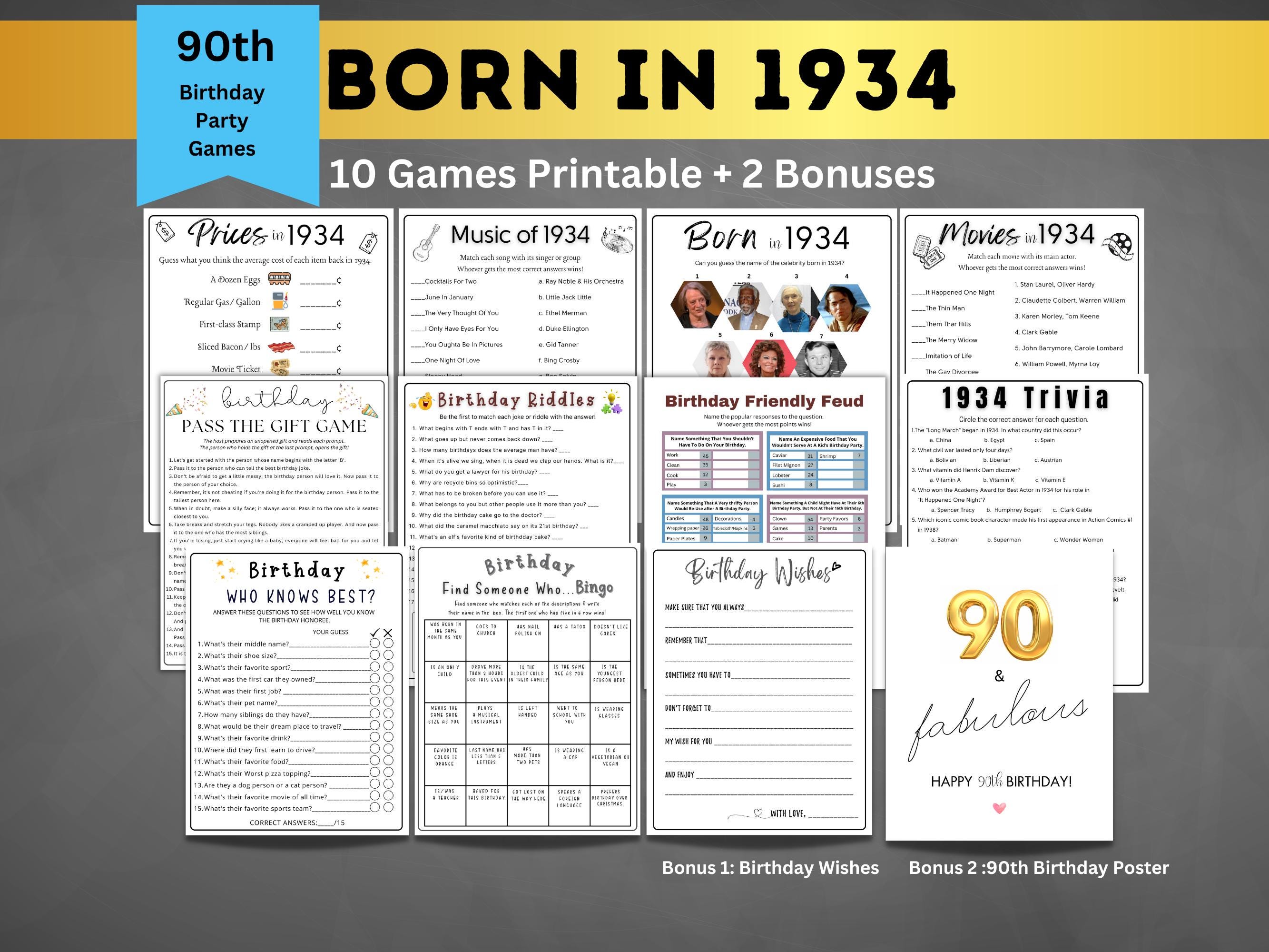 Printable 90th Birthday Party Games, 90th Party Games, Born in 1934 ...