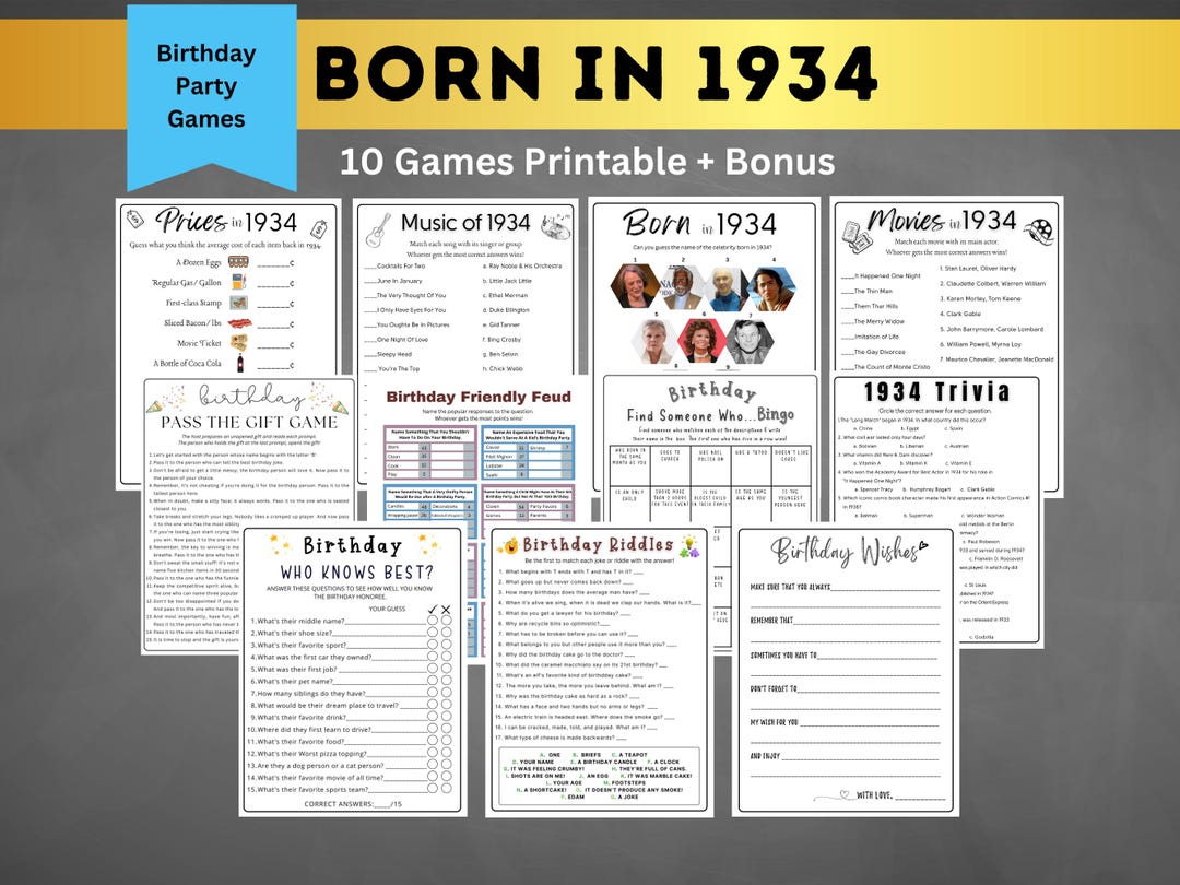 Printable 90th Birthday Party Games, 90th Party Games, Born in 1934 ...