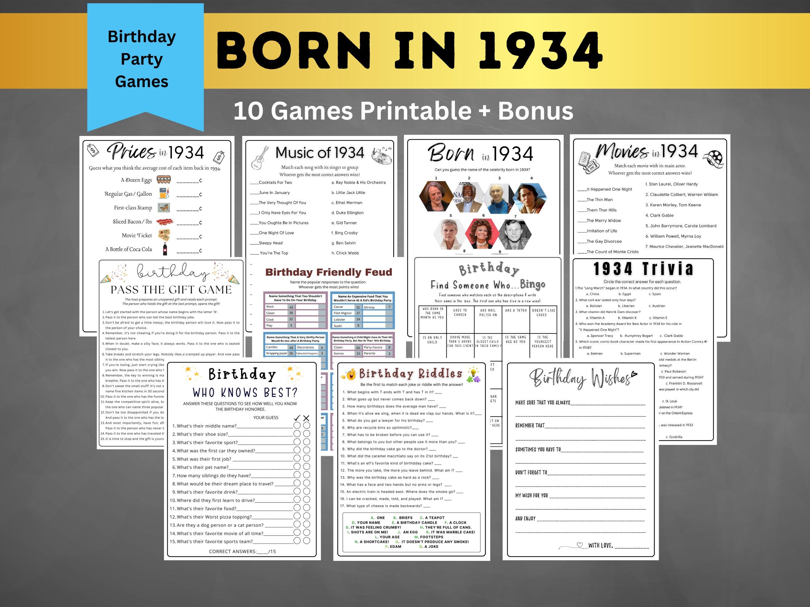 Printable 90th Birthday Party Games, 90th Party Games, Born in 1934 ...