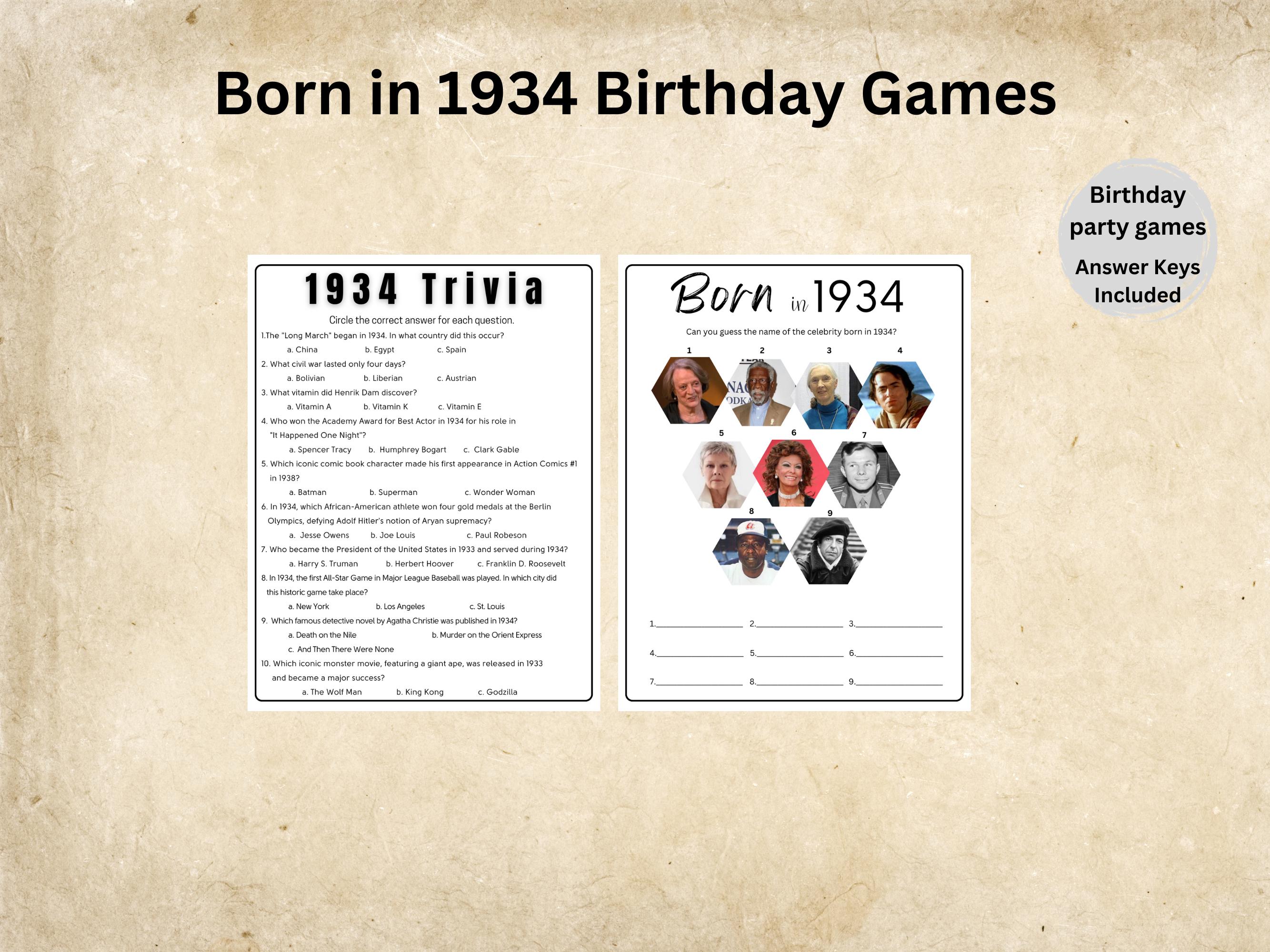 Printable 90th Birthday Party Games, 90th Party Games, Born in 1934 ...