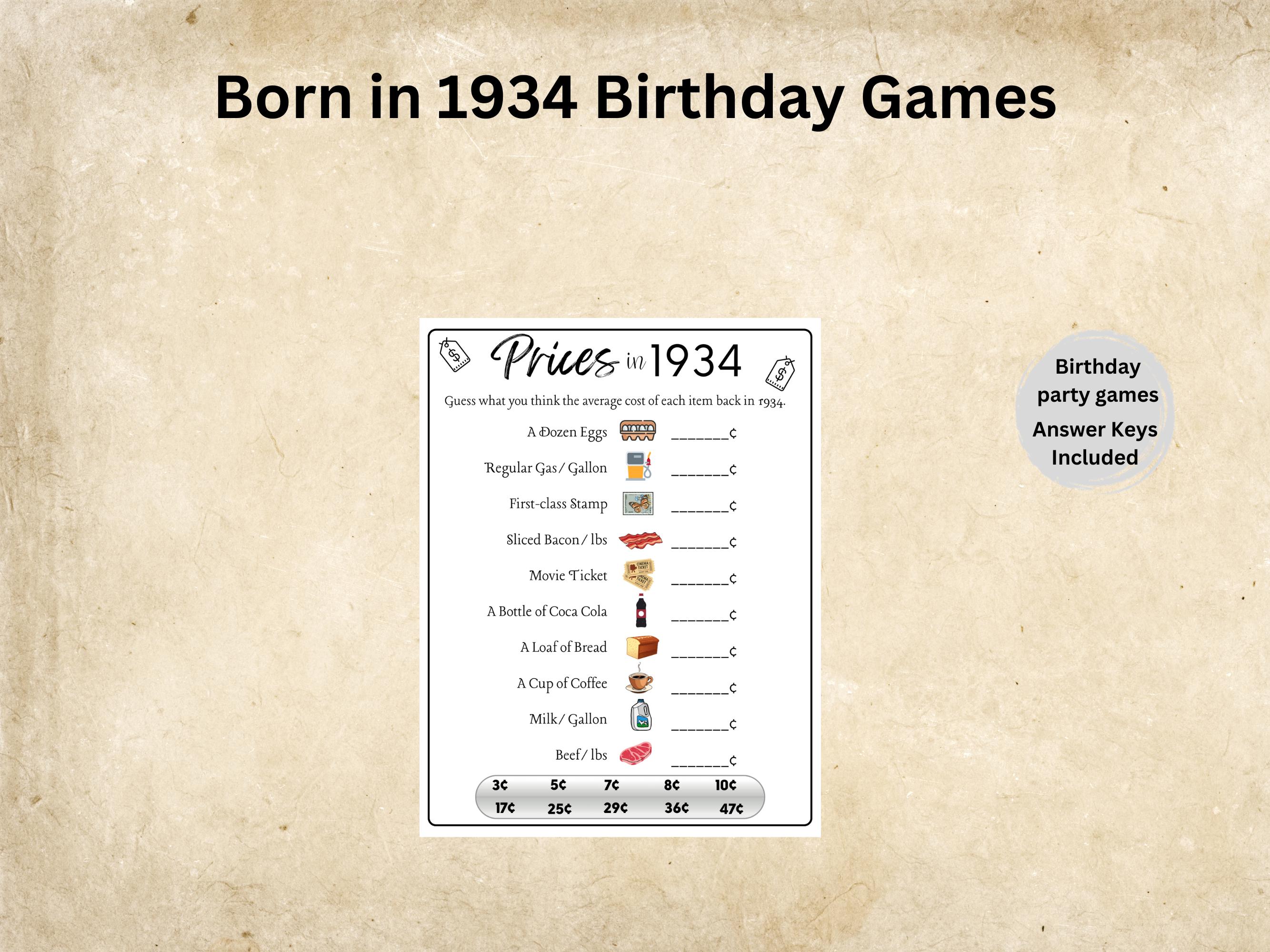 Printable 90th Birthday Party Games, 90th Party Games, Born in 1934 ...