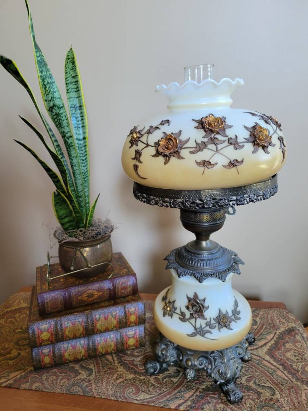 Vintage Large Hurricaine Lamp With Applied Metal Flowers. - Etsy