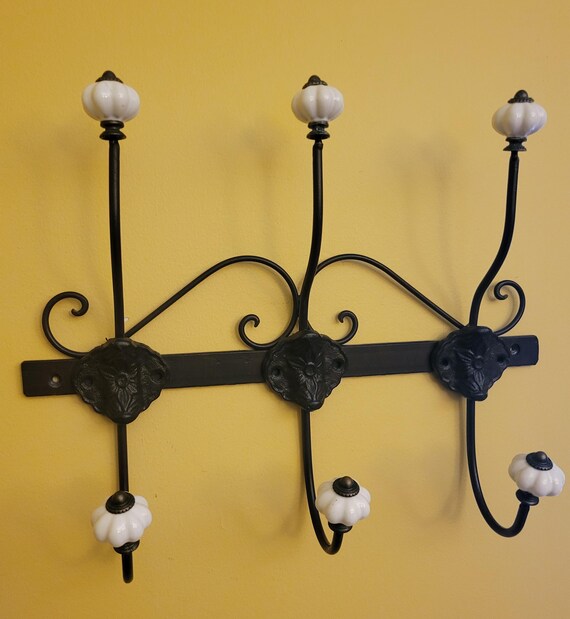 Wrought iron coat/clothing rack with 3 double hooks. … - Gem