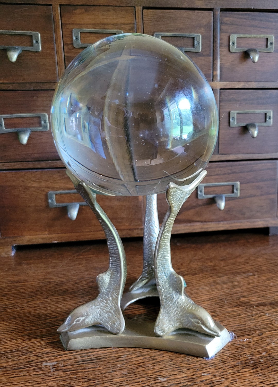 Vintage Brass Crystal Ball Holder Features Brass Dolphins. Crystal Ball ...