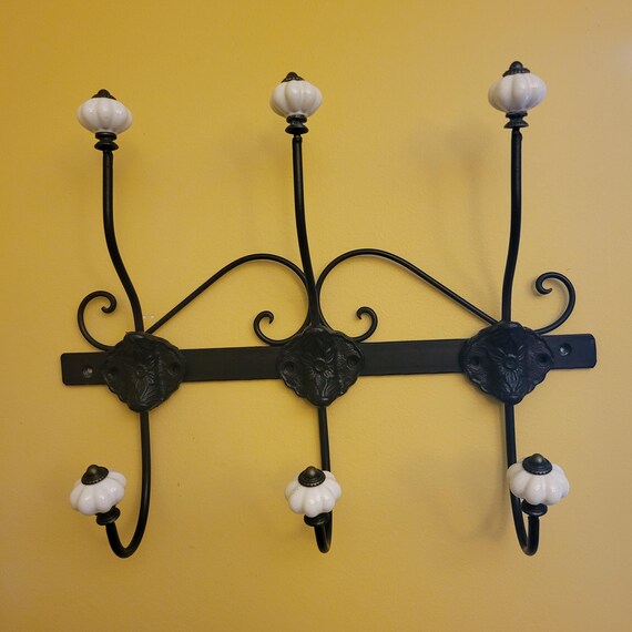 Wrought iron coat/clothing rack with 3 double hooks. … - Gem