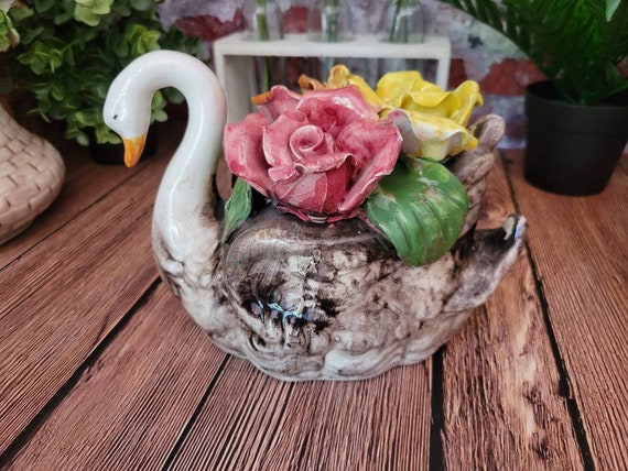 Beautiful Vintage Capodimonte Swan With Applied Flowers - Etsy