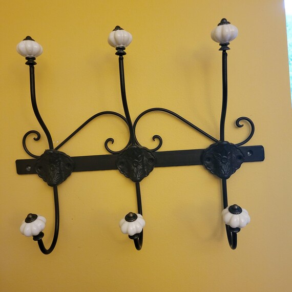 Wrought iron coat/clothing rack with 3 double hooks. … - Gem