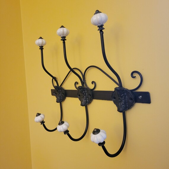 Wrought iron coat/clothing rack with 3 double hooks. … - Gem