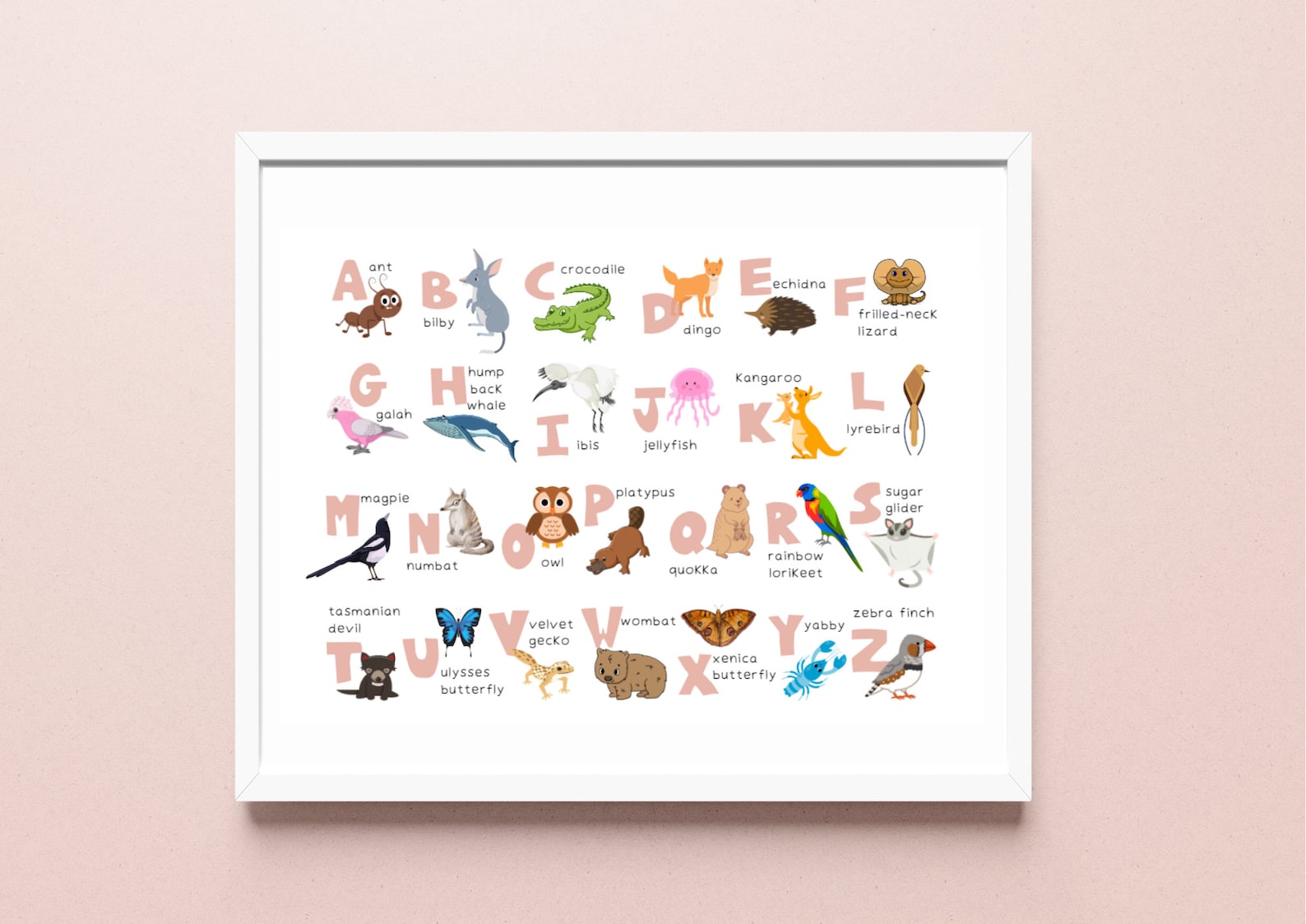 Australia Animal Baby Alphabet Wall Art a to Z, Cute Aussie Animals ABC ...