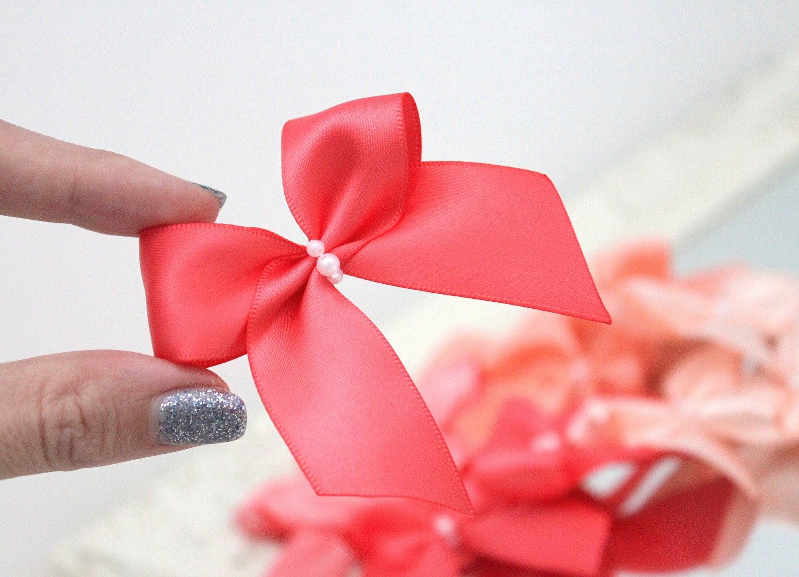 Coral satin ribbon bows with pearls high quality handmade | Etsy