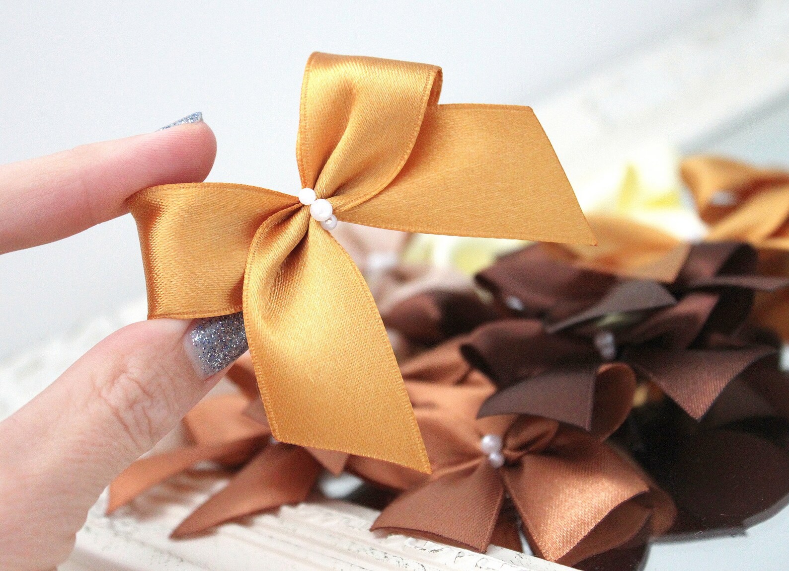 Chocolate Brown Satin Ribbon Bows With Pearls, High Quality Handmade ...