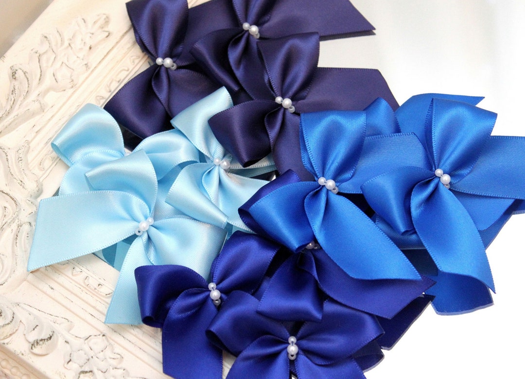 Blue Satin Ribbon Bows With Pearls, High Quality Handmade Light Pale ...