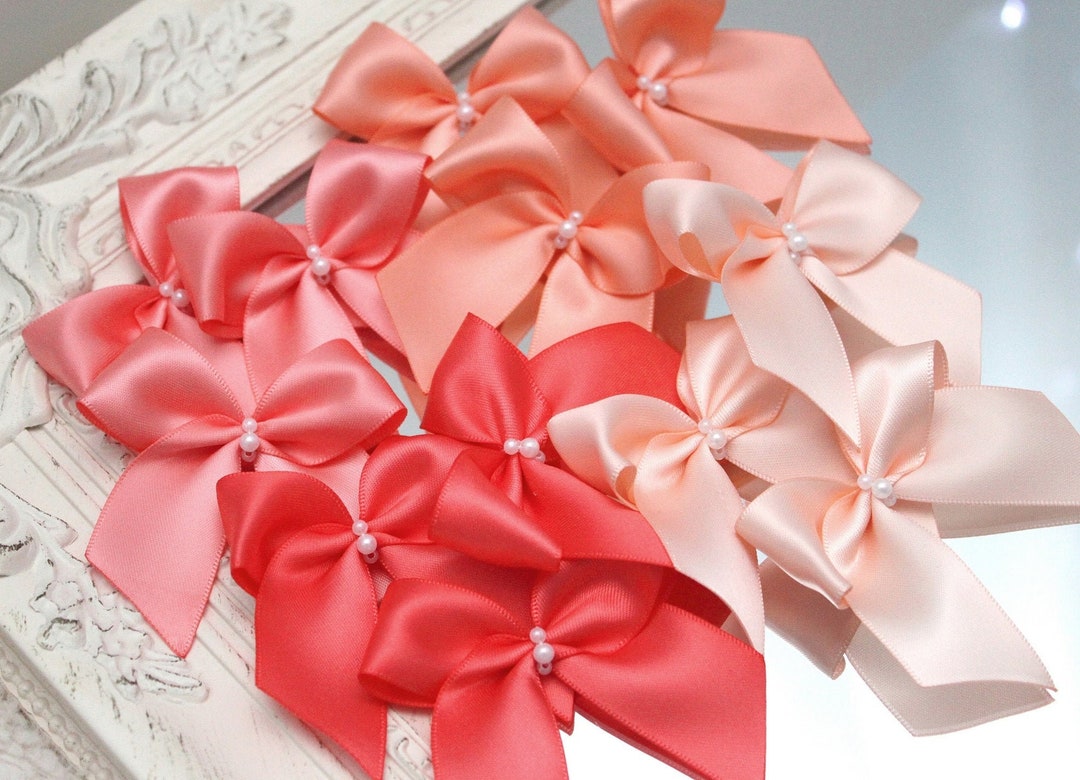 Coral Satin Ribbon Bows With Pearls, High Quality Handmade Light Pale ...